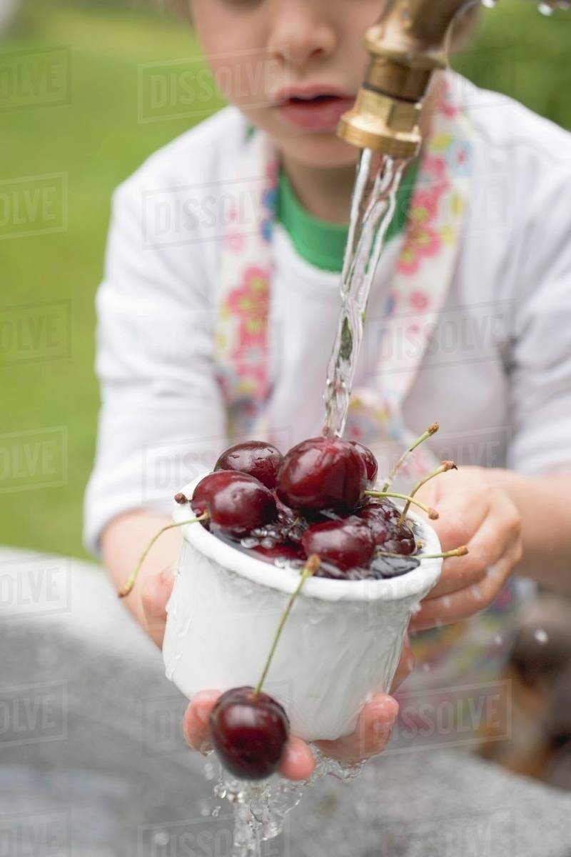 Child washing cherries under tap - Stock Photo - Dissolve