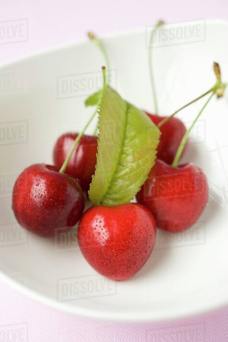 Five cherries with leaf in a small bowl - Royalty-free Stock Photo ...