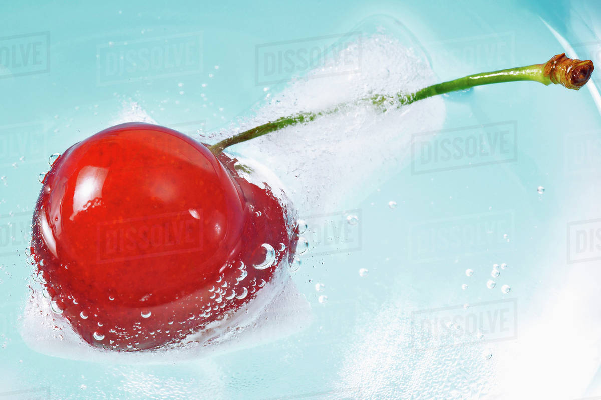 Fresh cherry floating in ice water - Stock Photo - Dissolve