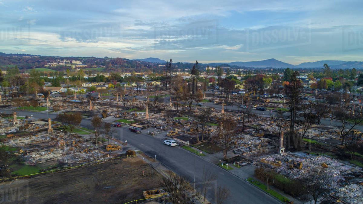 Aerial view of an entire neighborhood destroyed by the fires in Santa ...