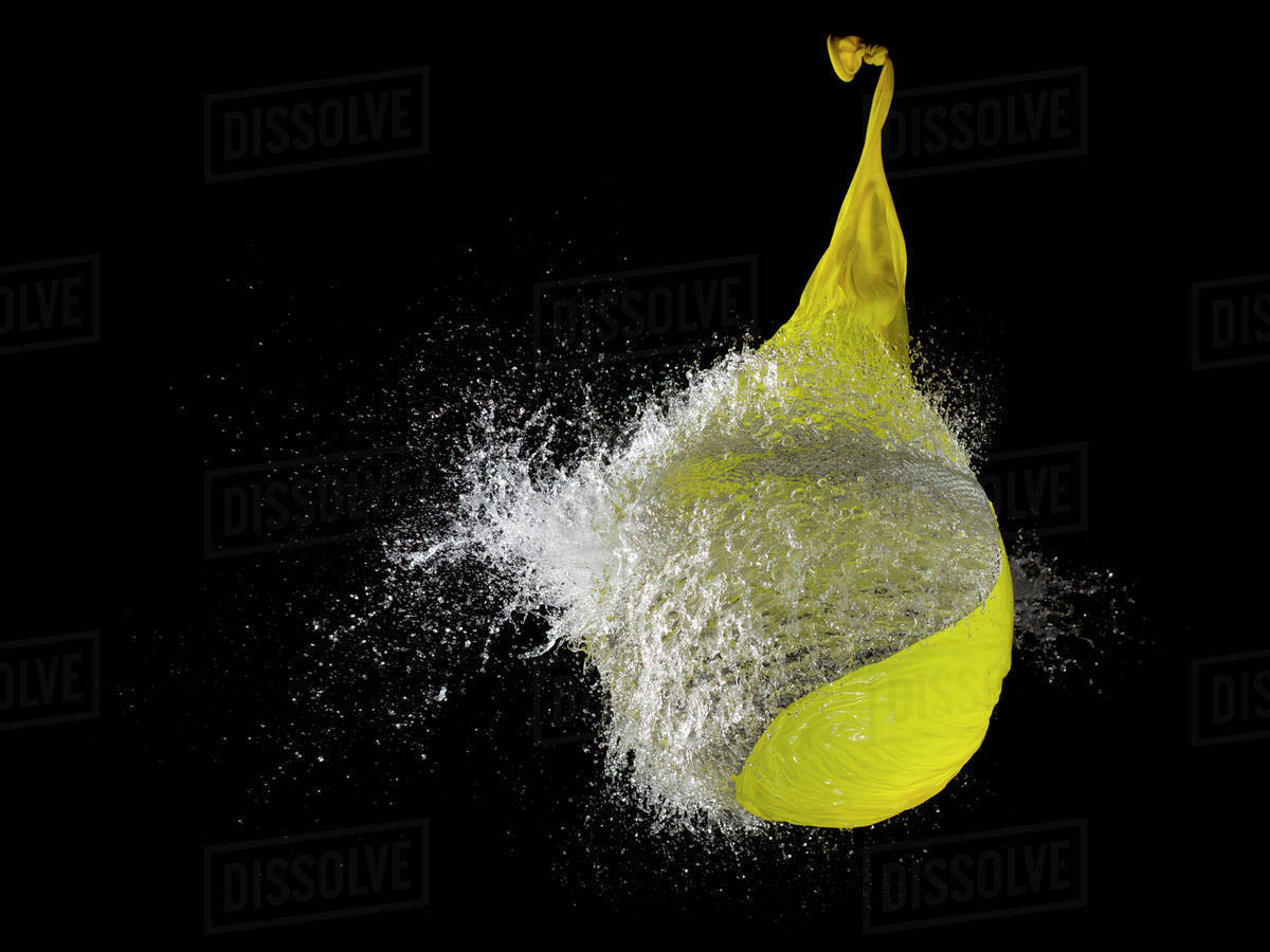 Yellow waterballoon bursting against black background, close up - Stock ...
