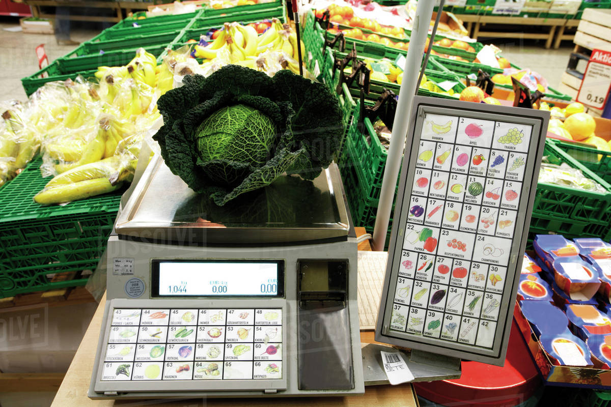 Savoy cabbage on supermarket scale - Stock Photo - Dissolve