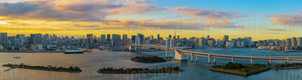Panoramic Aerial view of Tokyo skylines with Rainbow bridge and tokyo ...