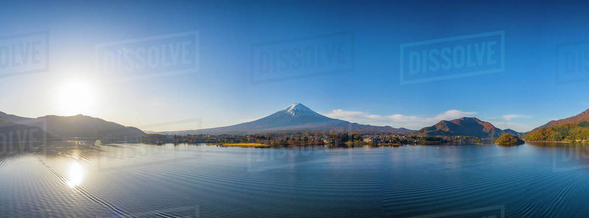 Aerial view panorama of mount Fuji in city at Kawaguchiko lake ...
