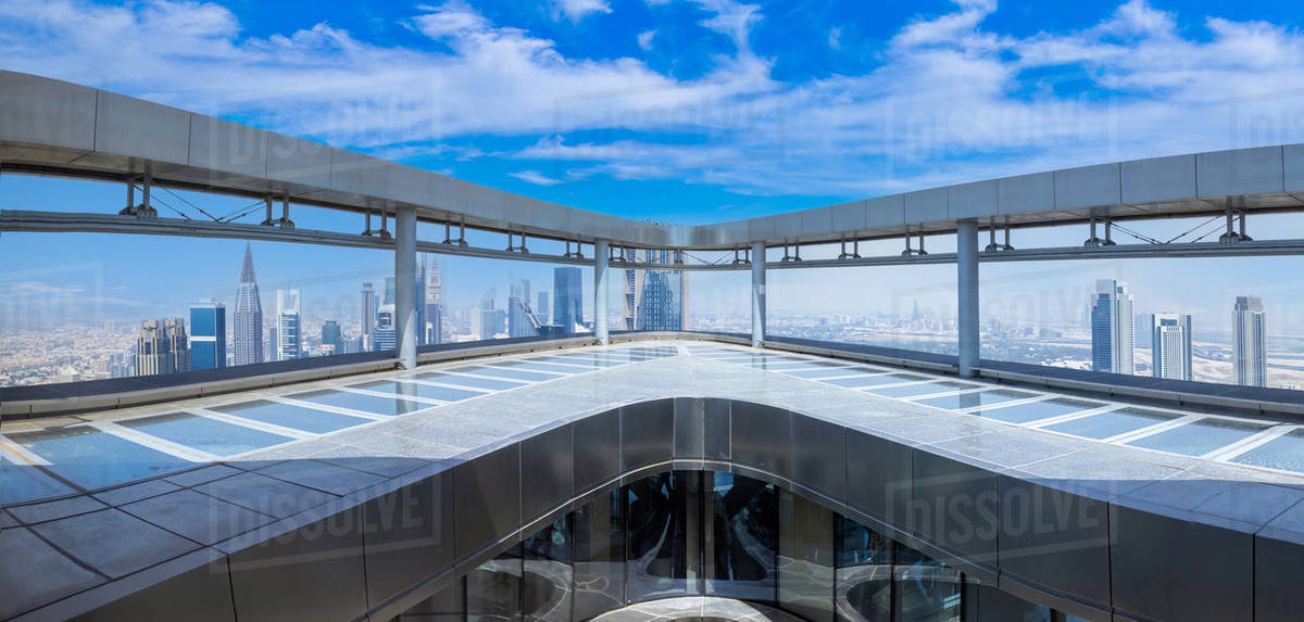 UAE, Skywalk Sky Views observation deck. Dubai panoramic skylineof city ...
