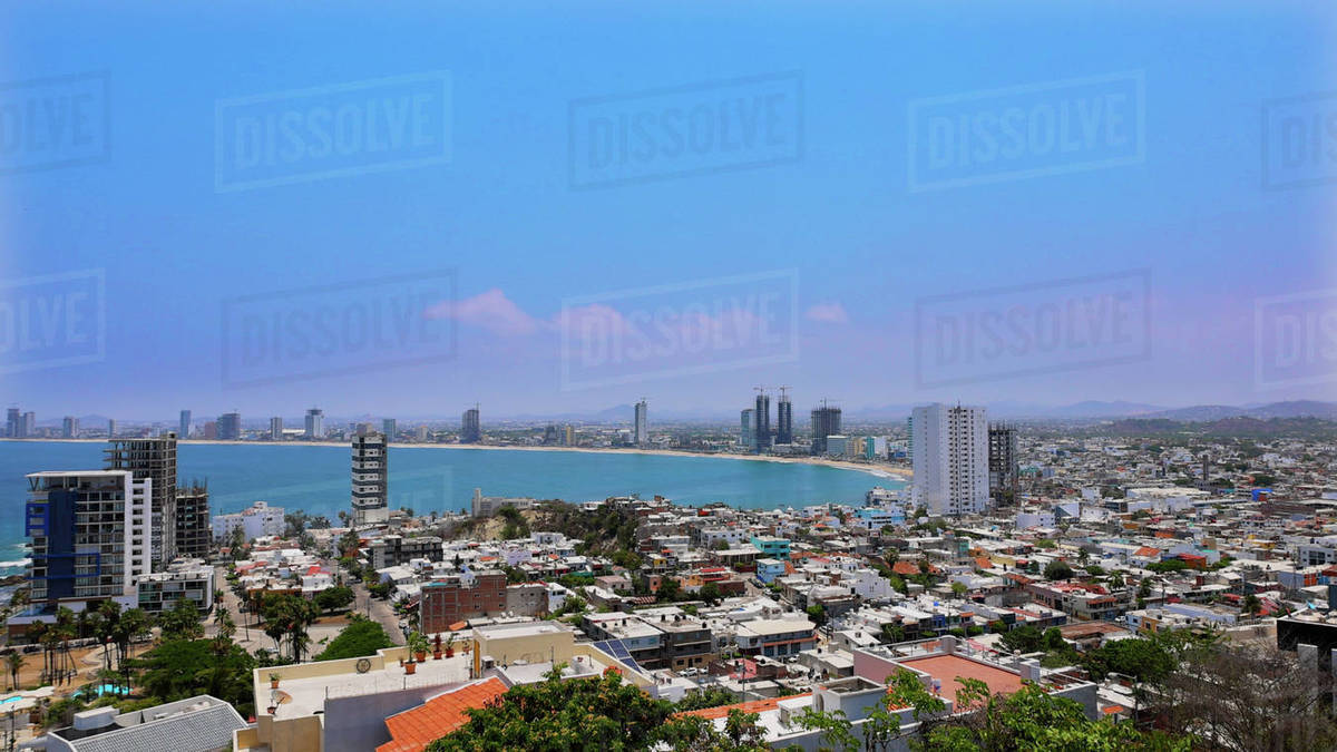 Panoramic view of Mazatlan sea promenade and waterfront El Malecon with ...