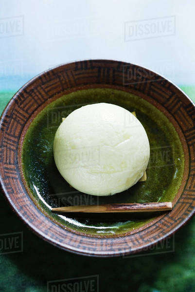 Manju (Japanese cake filled with bean paste) on plate, overhead view ...