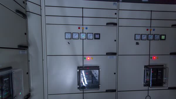 Electricity control room and rows of server hardware in data center ...