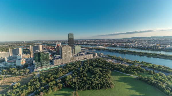 Aerial panoramic view of Vienna city with Donau City skyscrapers ...