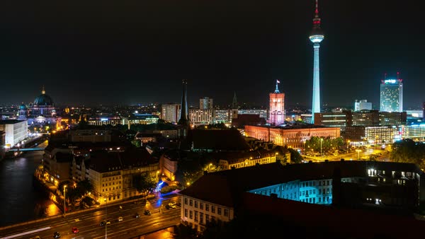 Aerial view of illuminated landmarks in Berlin, Germany at night ...