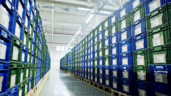 Large group of plastic boxes in a warehouse - Stock Video Footage ...