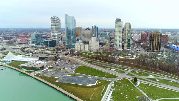 Milwaukee's beautiful, modern city skyline, downtown, aerial view. - 4K ...