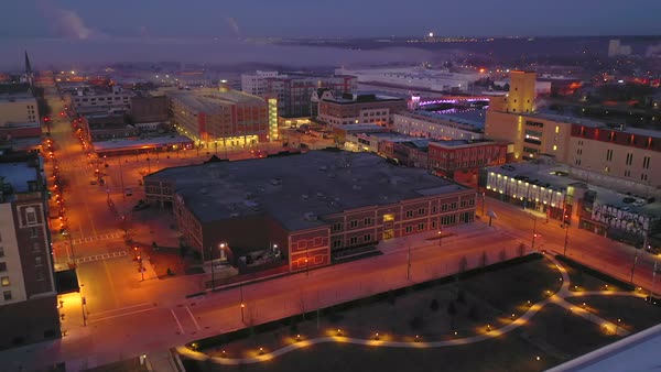 Downtown Green Bay Wisconsin at misty morning twilight, aerial flyover ...