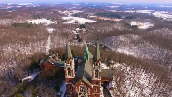 Aerial view of the breathtaking steeples of Holy Hill Church, Wisconsin ...