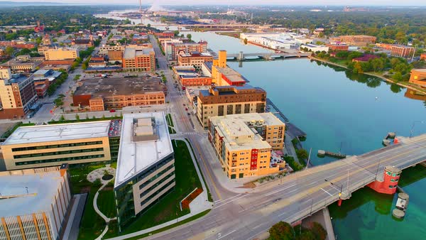 Beautiful downtown Green Bay Wisconsin with Fox River, daybreak aerial ...