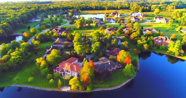 Beautiful neighborhoods, homes in Autumn, around lakes, aerial view ...