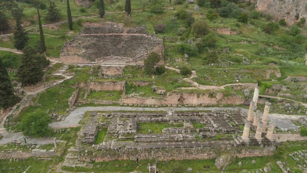 Aerial view of archaeological site of ancient Delphi, site of temple of ...