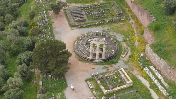 Aerial view of archaeological site of ancient Delphi, site of temple of ...