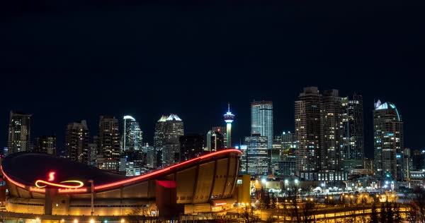 Hyperlapse of Calgary skyline and Saddledome Stadium at night. - 4K ...