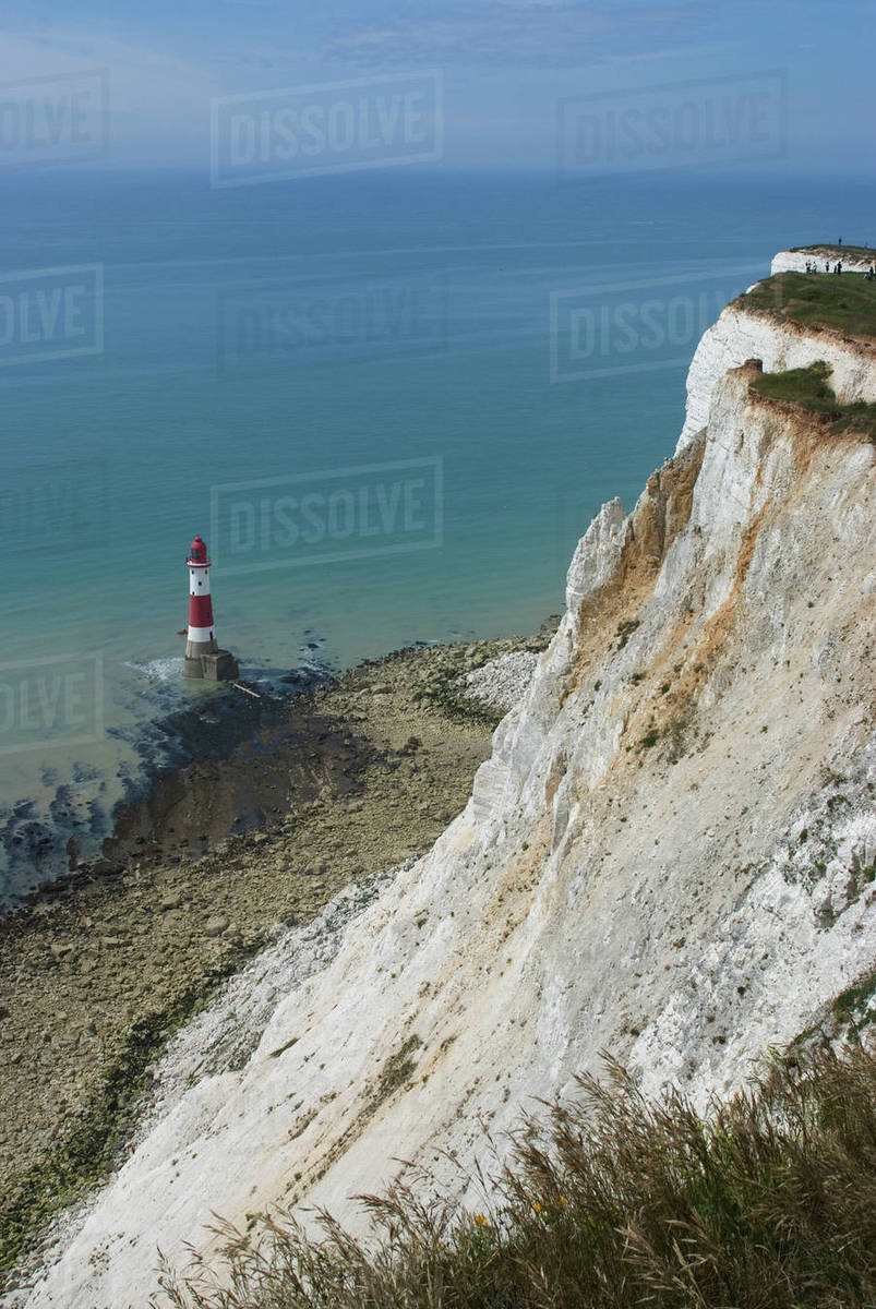 View of the lighthouse at the base of the White Cliffs, Beachy Head ...
