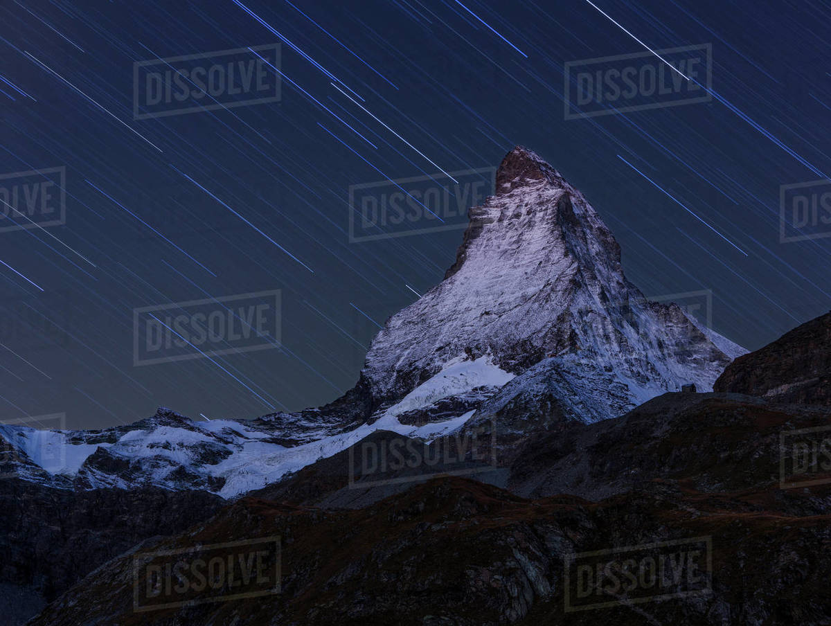 Matterhorn (height 4,478m) at night, with star trail, taken from ...