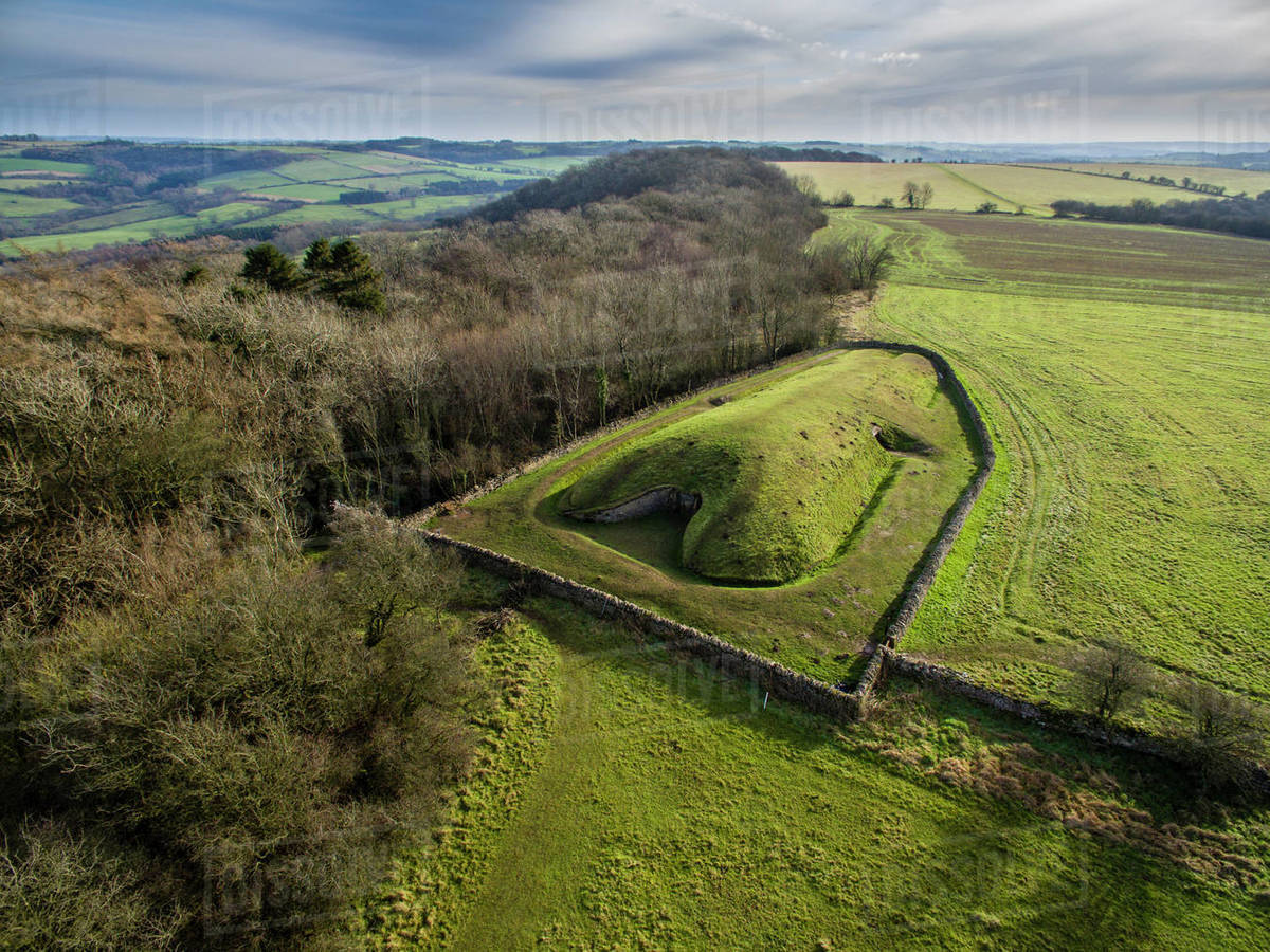 Aerial view of Belas Knap, a neolithic chambered long barrow on the ...