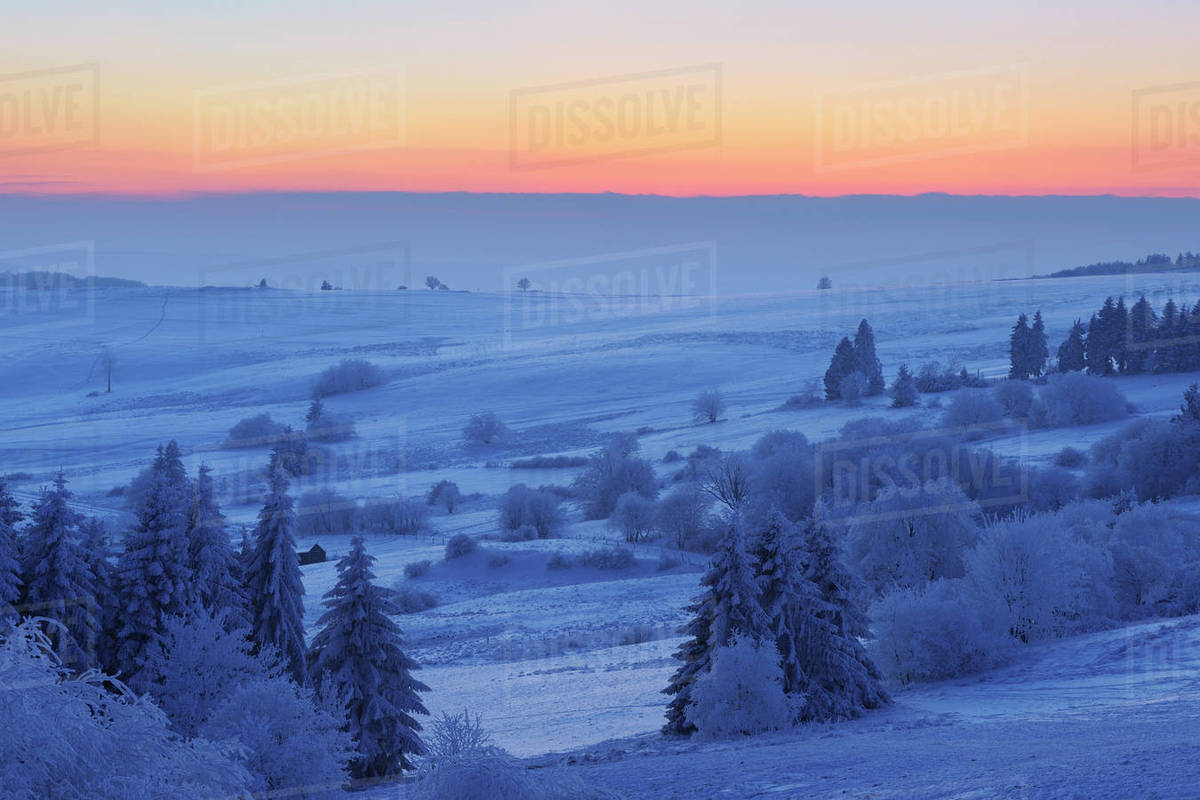 Snow Covered Landscape at Sunset, Wasserkuppe, Rhon Mountains, Hesse ...