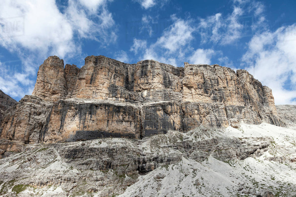 Typical dolomite rock formations, Lastes Valley, into the massif of ...