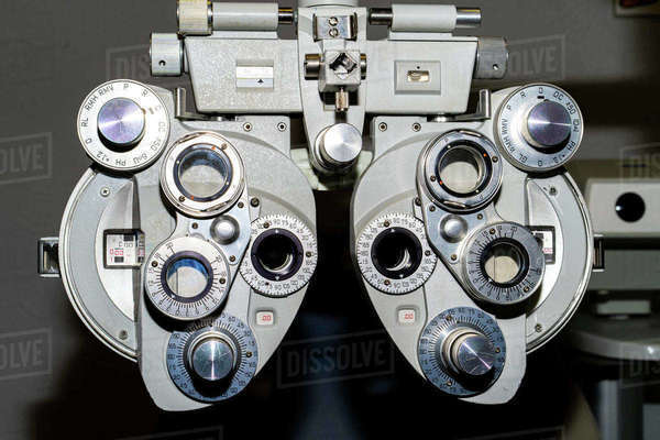Close-up of a vintage phoropter used by optometrists to determine ...