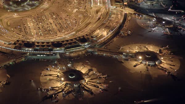 Aerial view of illuminated Newark Liberty International Airport ...
