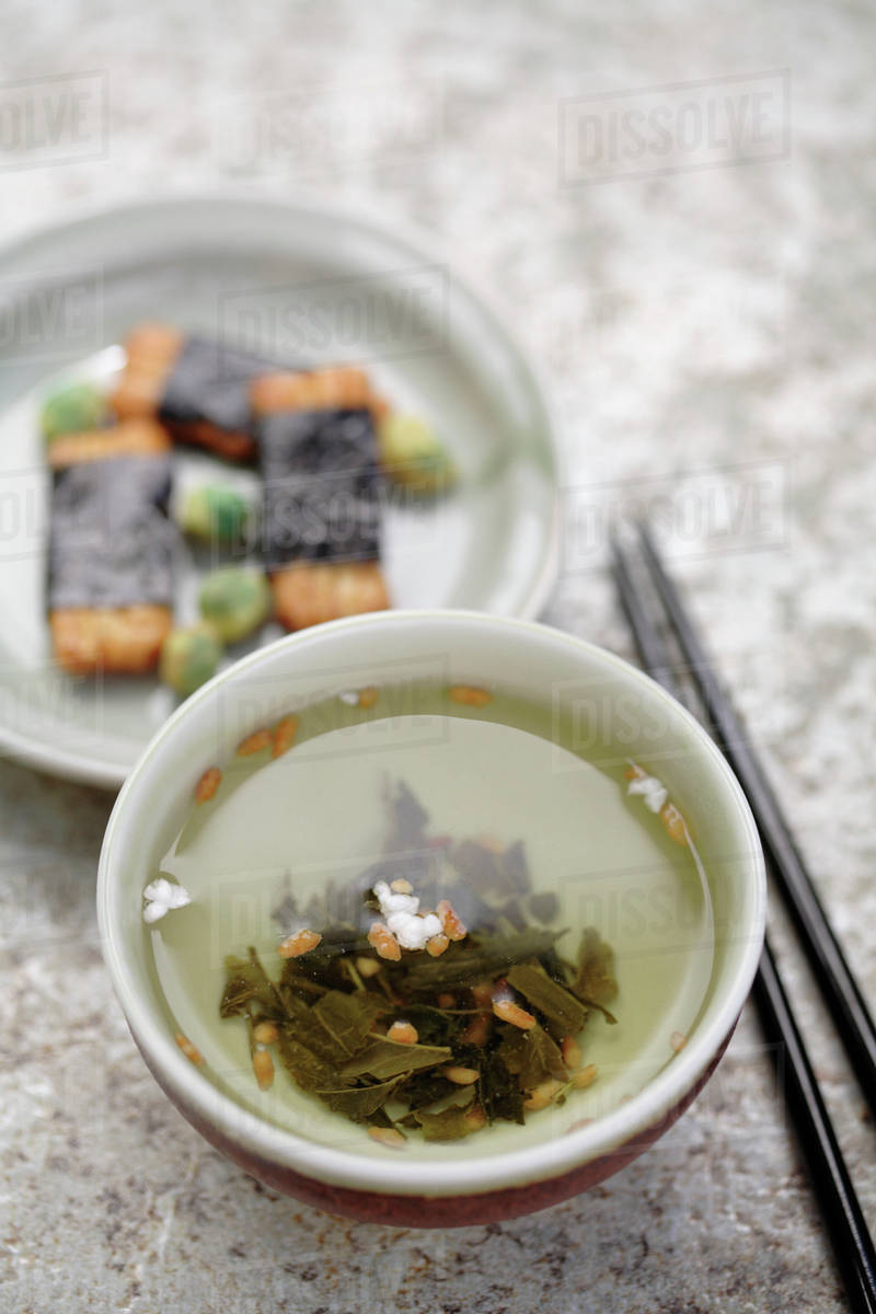 Close up of Japanese Genmai Cha tea and puffed rice - Royalty-free ...