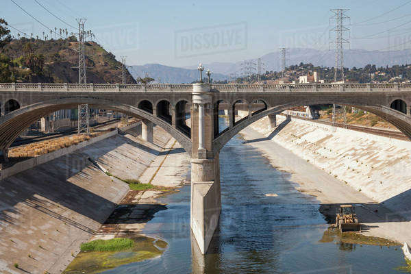 Bridge over urban aqueduct of Los Angeles River, Los Angeles ...