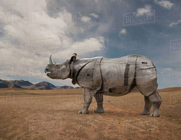 Rhinoceros wearing armor in field - Stock Photo - Dissolve