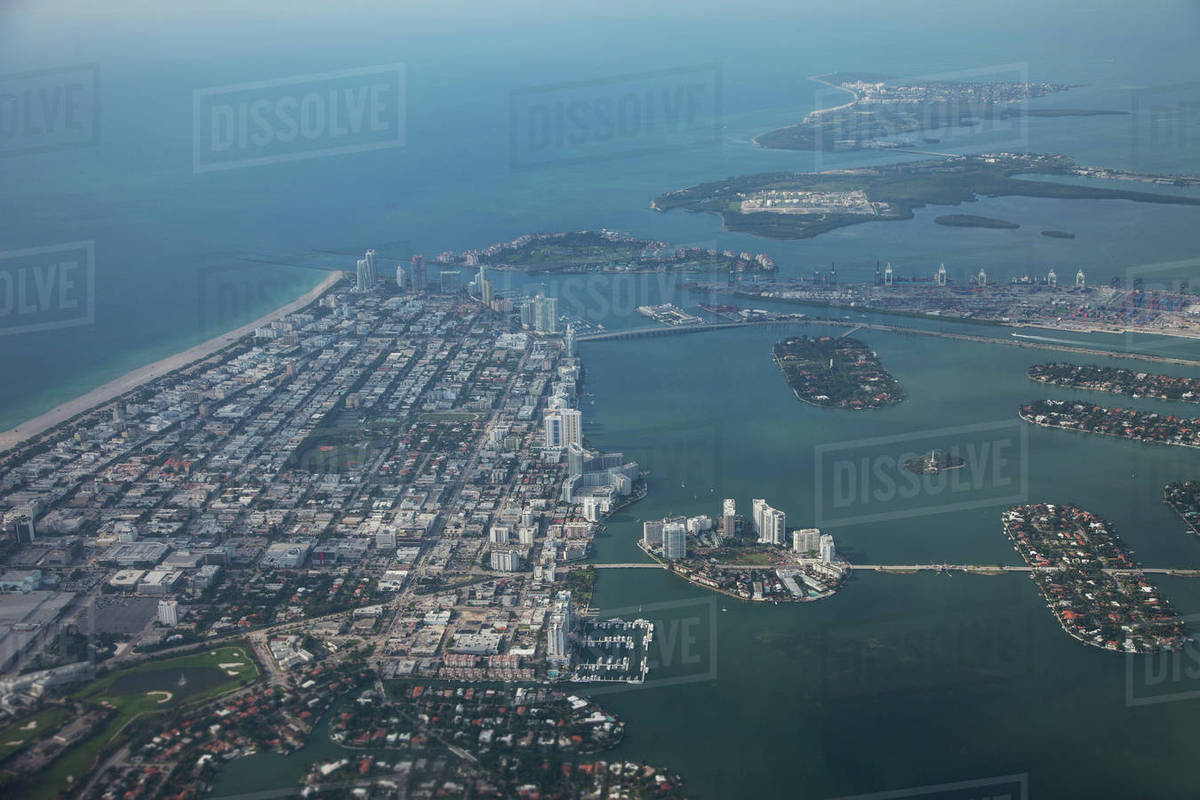 Aerial view of Miami Beach cityscape and harbor, Florida, United States ...
