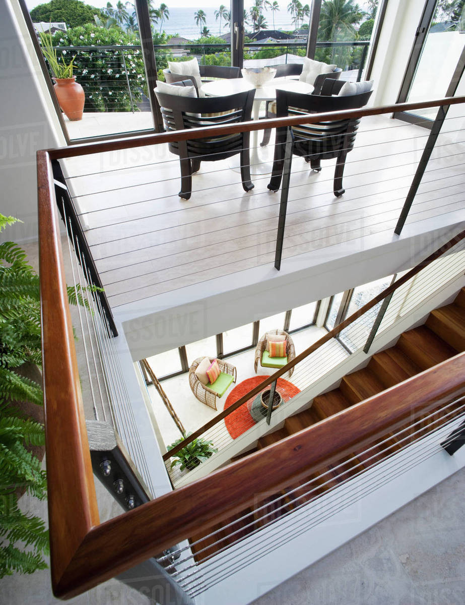 Detail staircase in center of contemporary Hawaiian home - Royalty-free ...