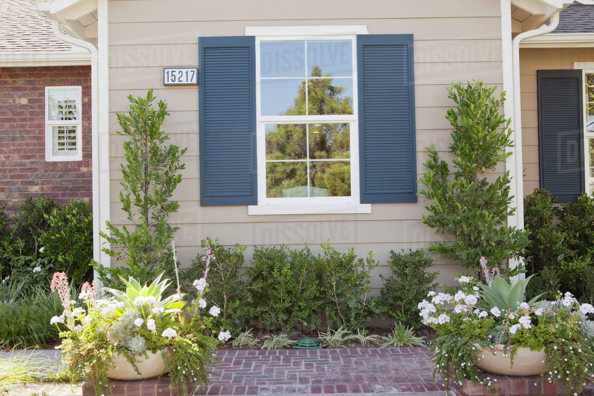Walkway along plants with house window - Royalty-free Stock Photo ...