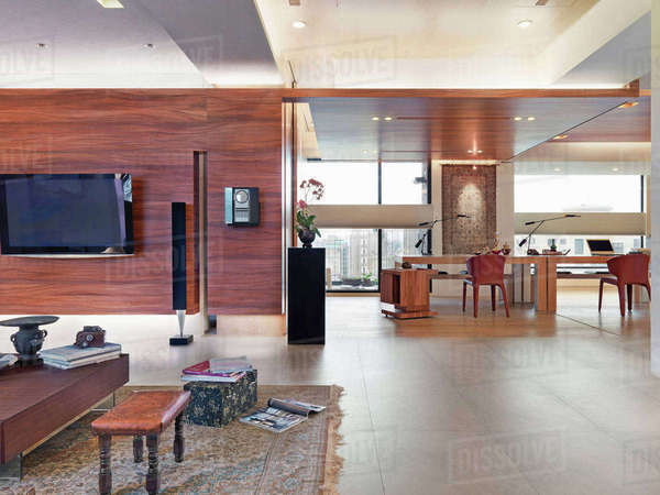 Interior of modern home with hardwood walls - Royalty-free Stock Photo ...