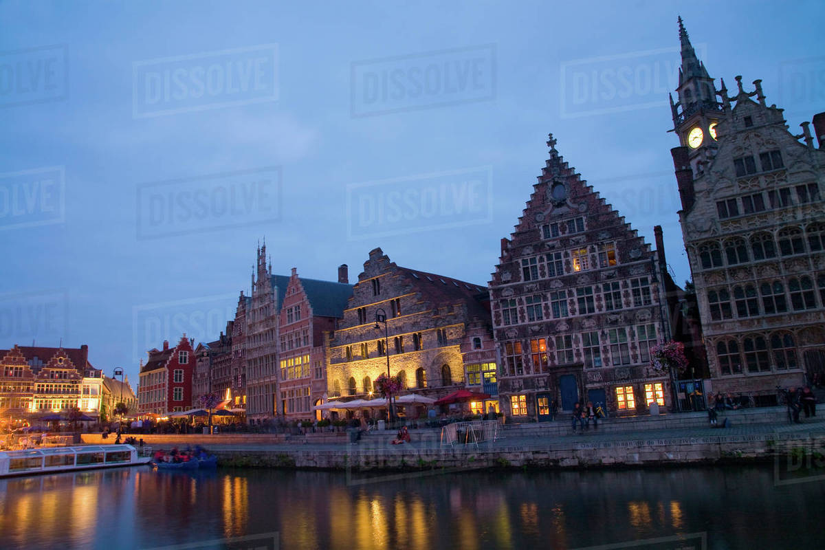 Quaint buildings in town at night - Stock Photo - Dissolve