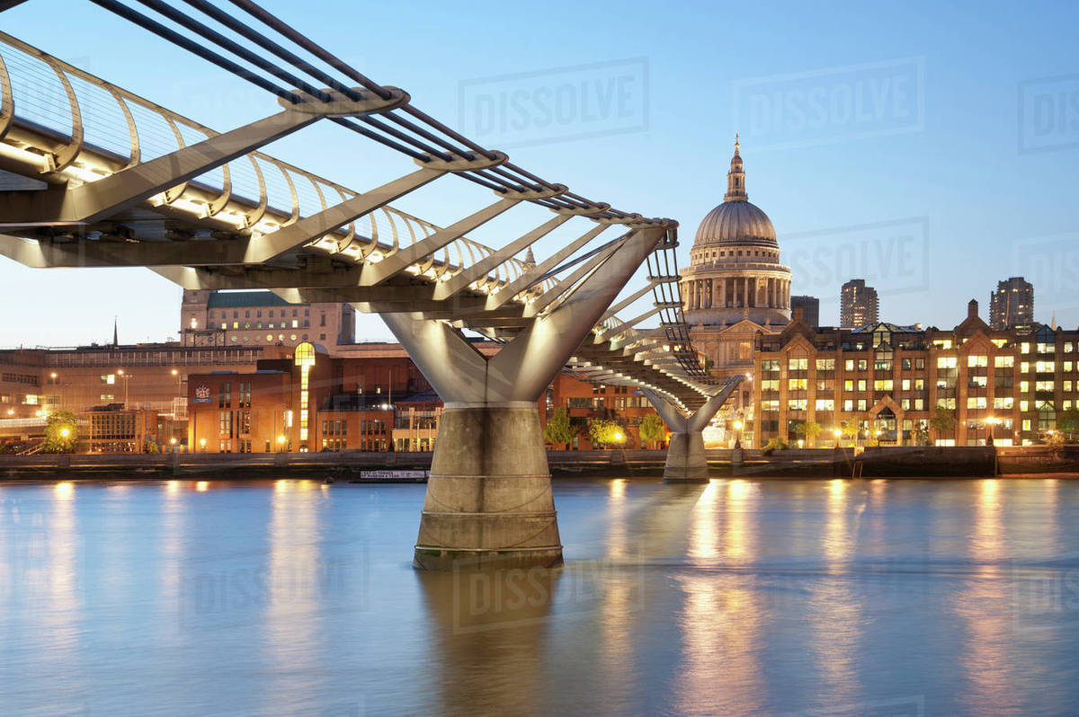 Millennium Bridge and St Paul's at Sunset - Stock Photo - Dissolve