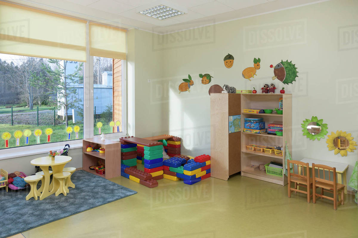 Classroom, activity room with furniture, tables and chairs - Royalty ...