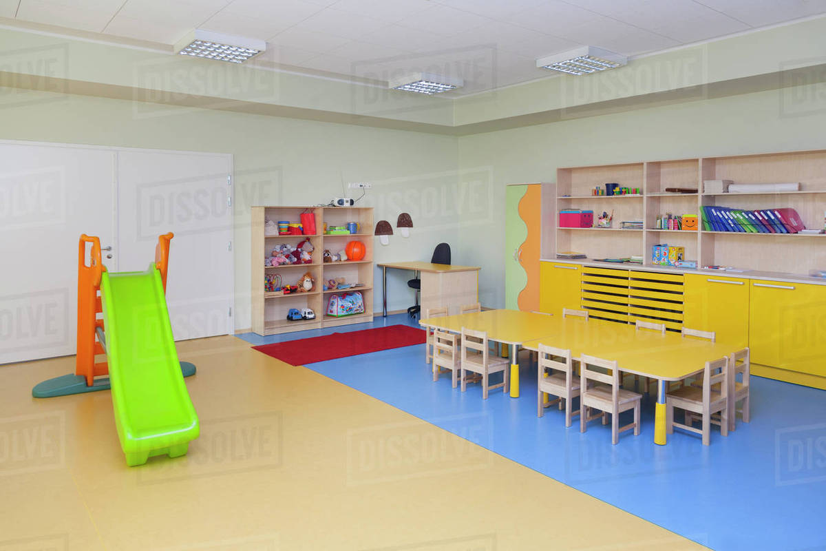 Classroom, activity room with furniture, tables and chairs - Royalty ...