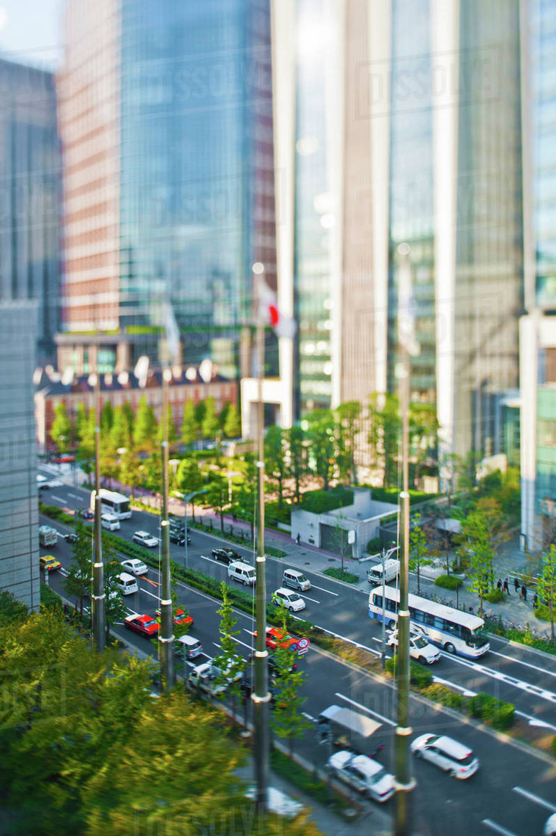 Overhead view of traffic on city street, Tokyo, Japan - Royalty-free ...