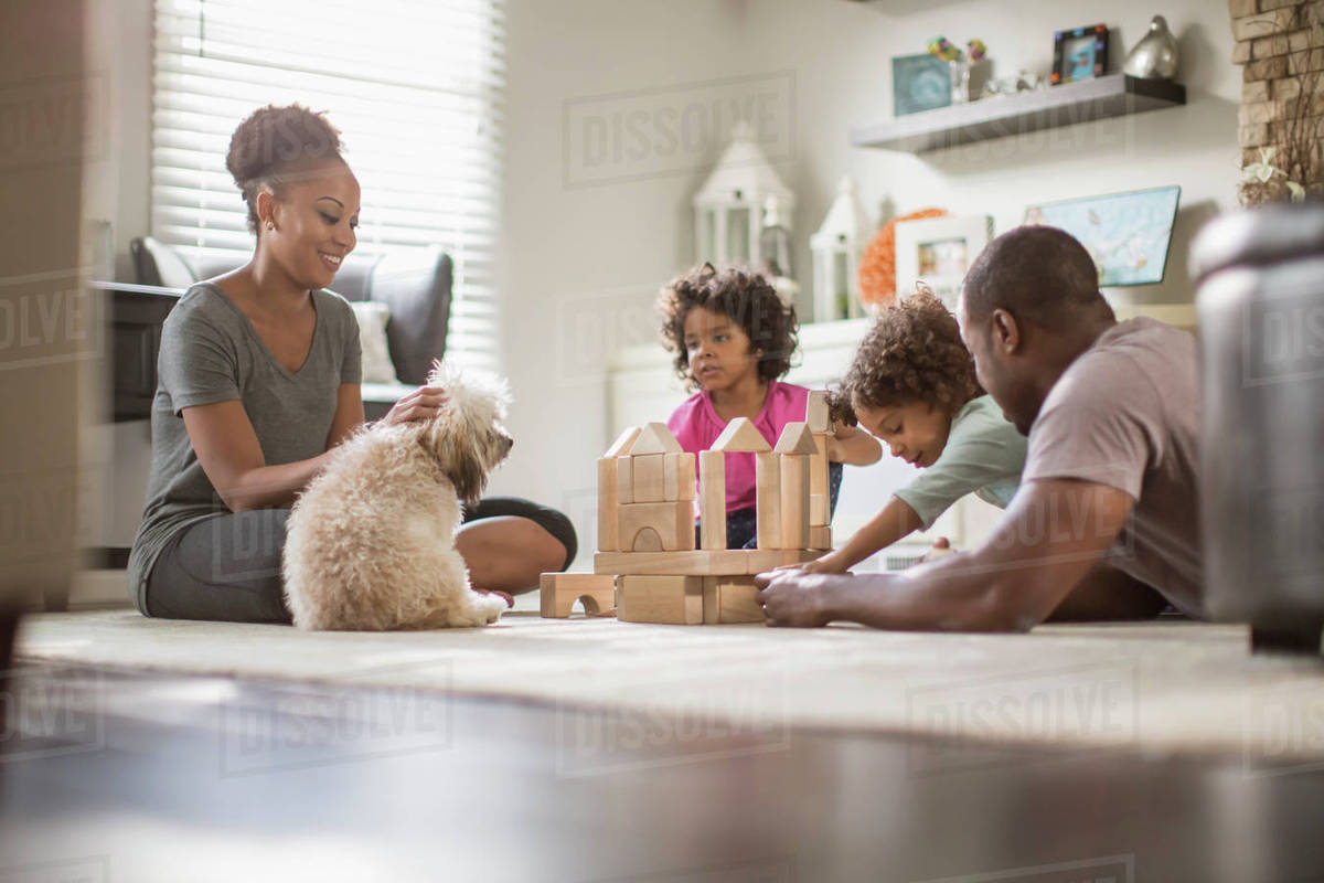 Family playing with building blocks in living room - Royalty-free Stock ...