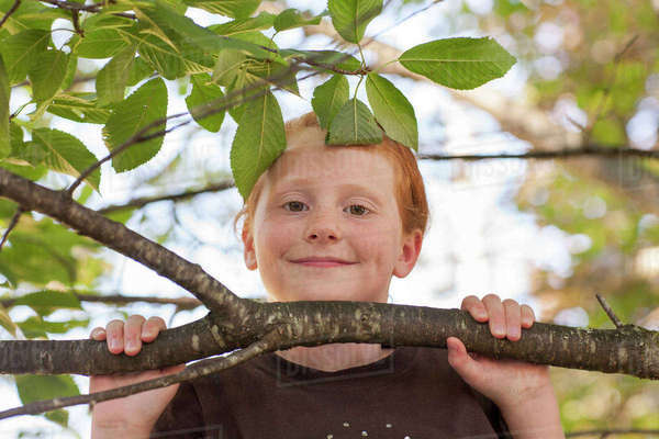 Portrait of Caucasian girl holding tree branch - Stock Photo - Dissolve