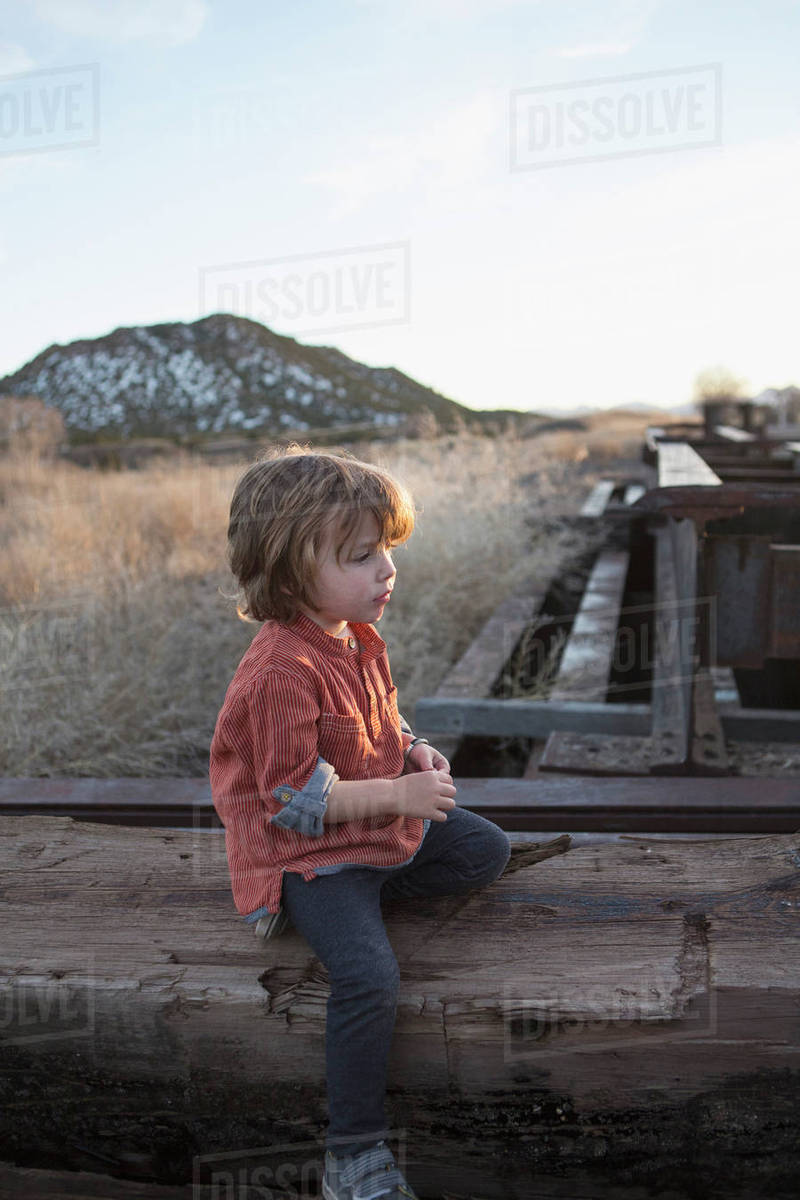 Caucasian boy sitting on wood outdoors - Royalty-free Stock Photo ...