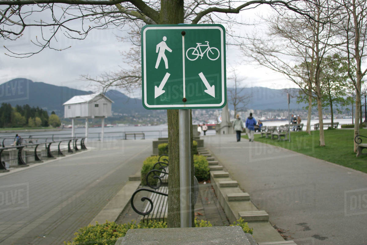 Sign for pedestrian and bicycle paths at waterfront - Royalty-free ...