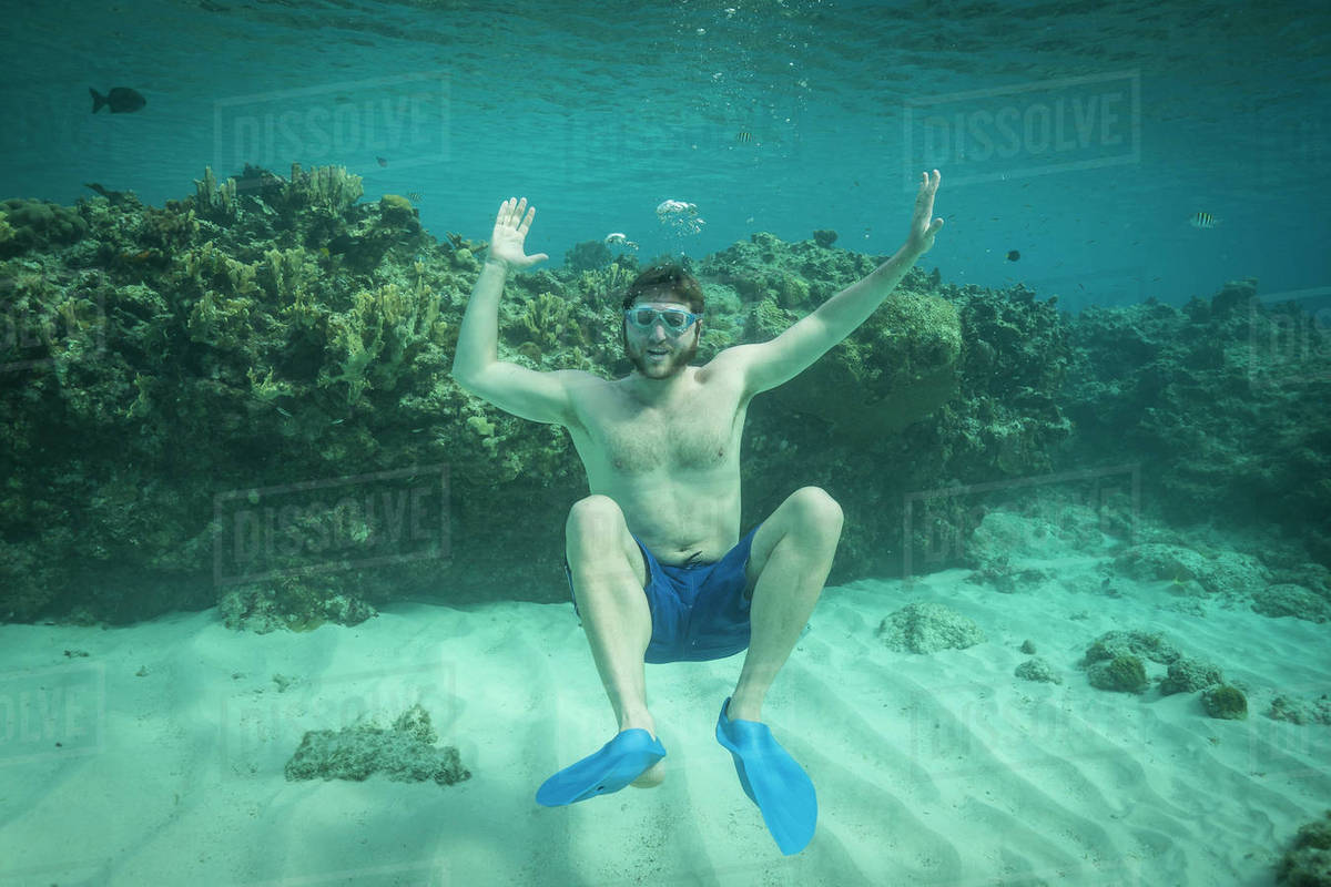 Portrait of smiling man swimming underwater in ocean - Royalty-free ...