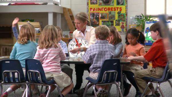 Young students in classroom learning to tell time from teacher with ...