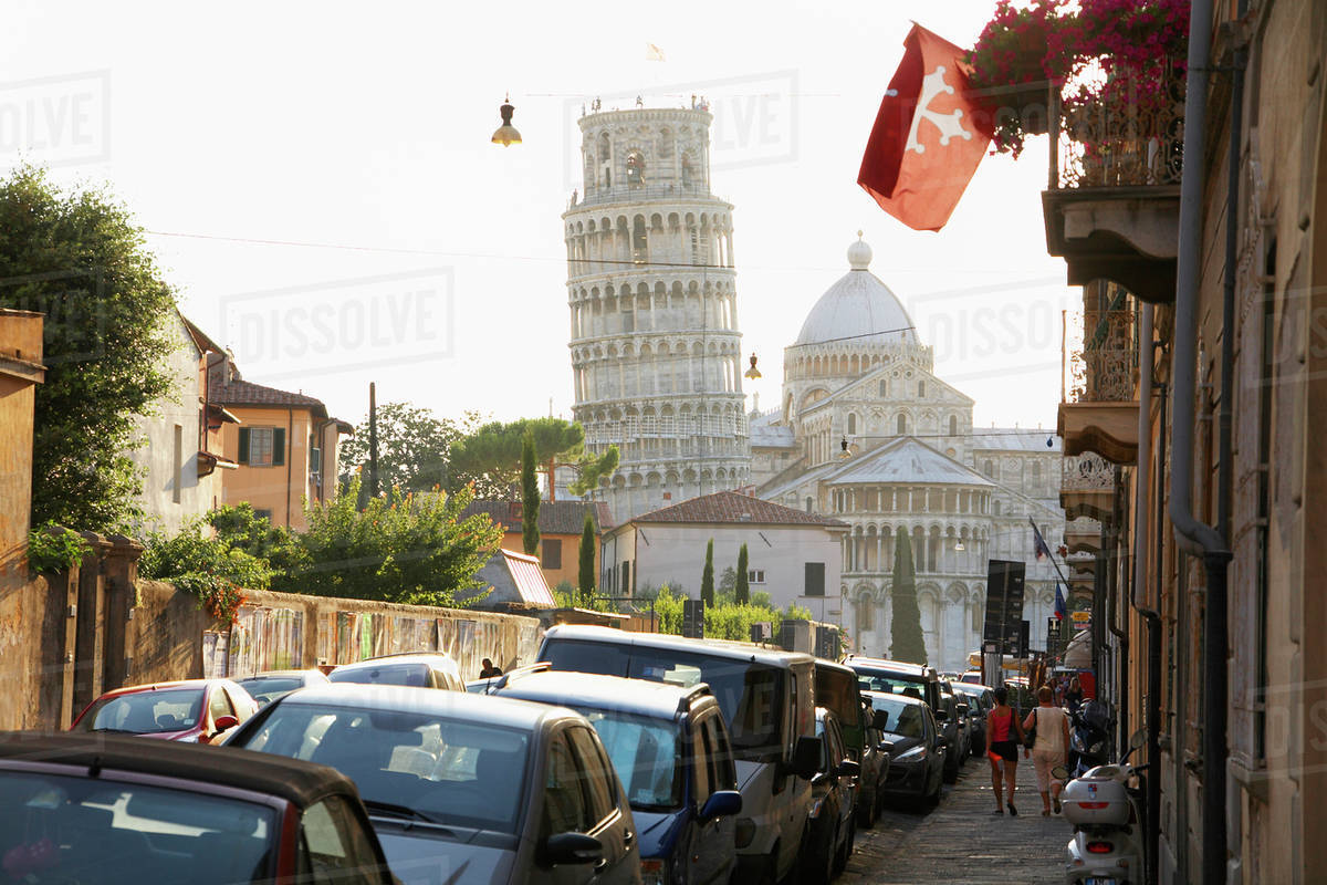 View of the Leaning Tower of Pisa from city street, Pisa, Toscano ...