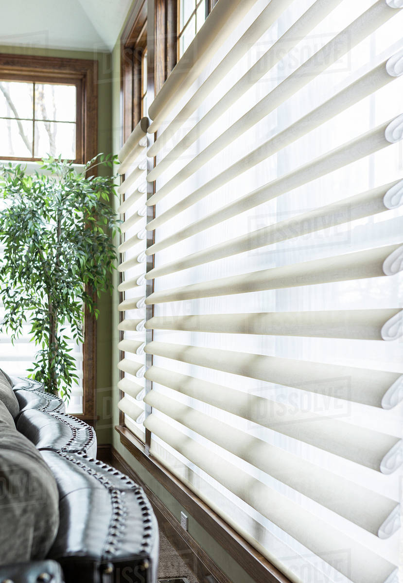 Blinds on window in living room - Stock Photo - Dissolve